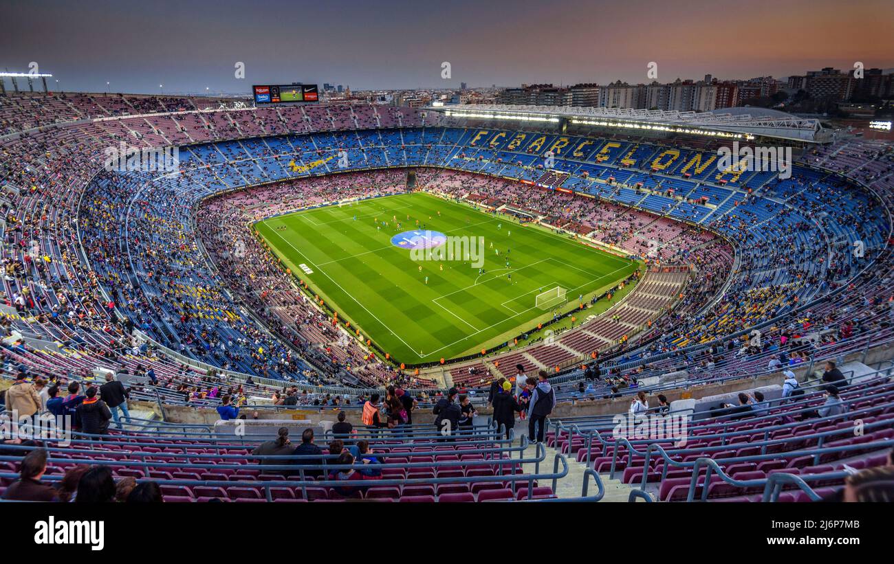 Panoramic view of the Camp Nou stadium at sunset, on a match day of the ...