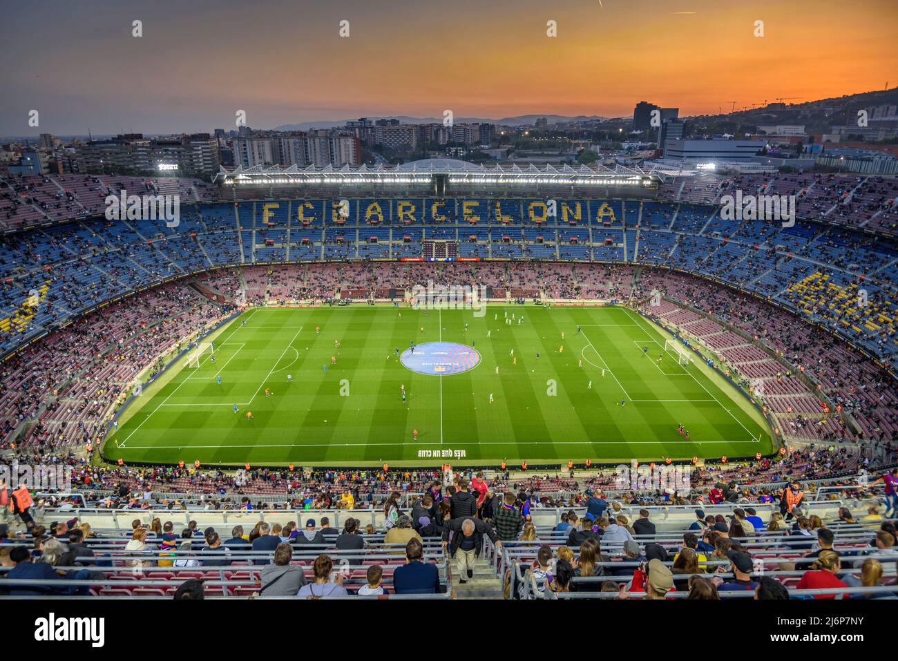 Panoramic view of the Camp Nou stadium at sunset, on a match day of the ...