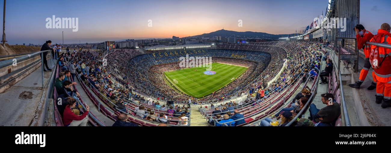 Panoramic view of the Camp Nou stadium at sunset, on a match day of the ...