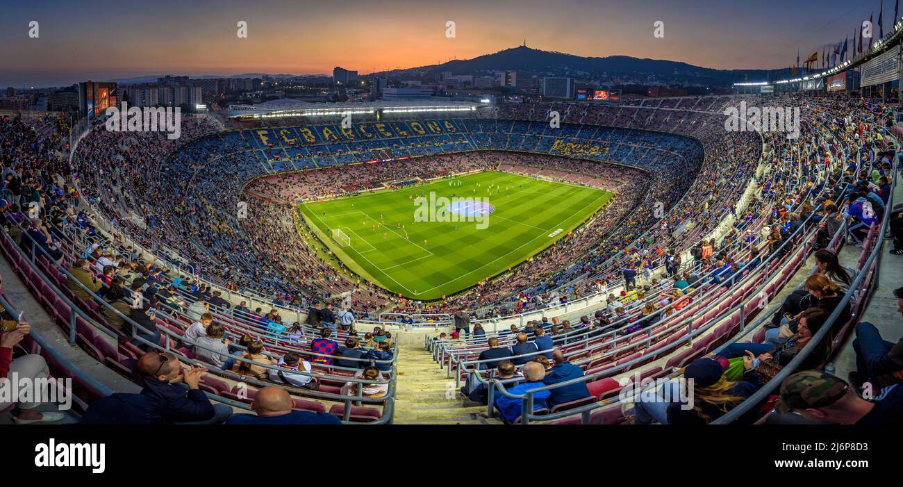 Panoramic view of the Camp Nou stadium at sunset, on a match day of the ...