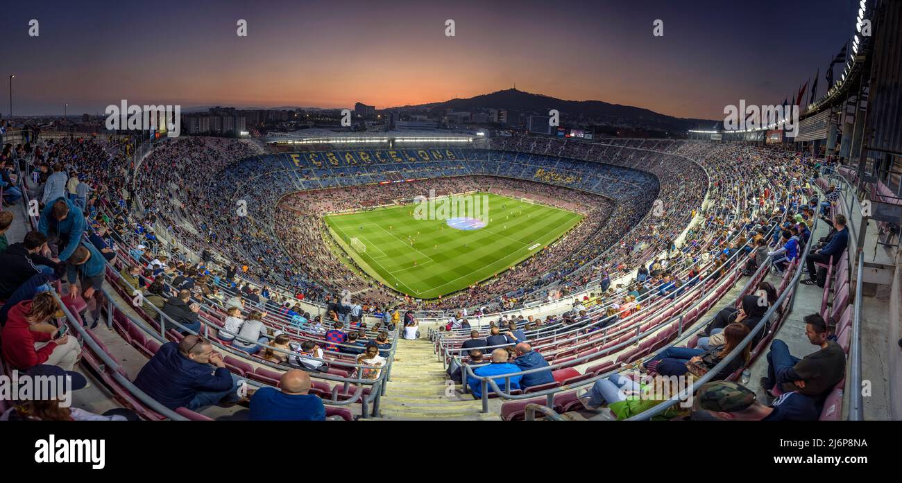 Panoramic view of the Camp Nou stadium at sunset, on a match day of the ...