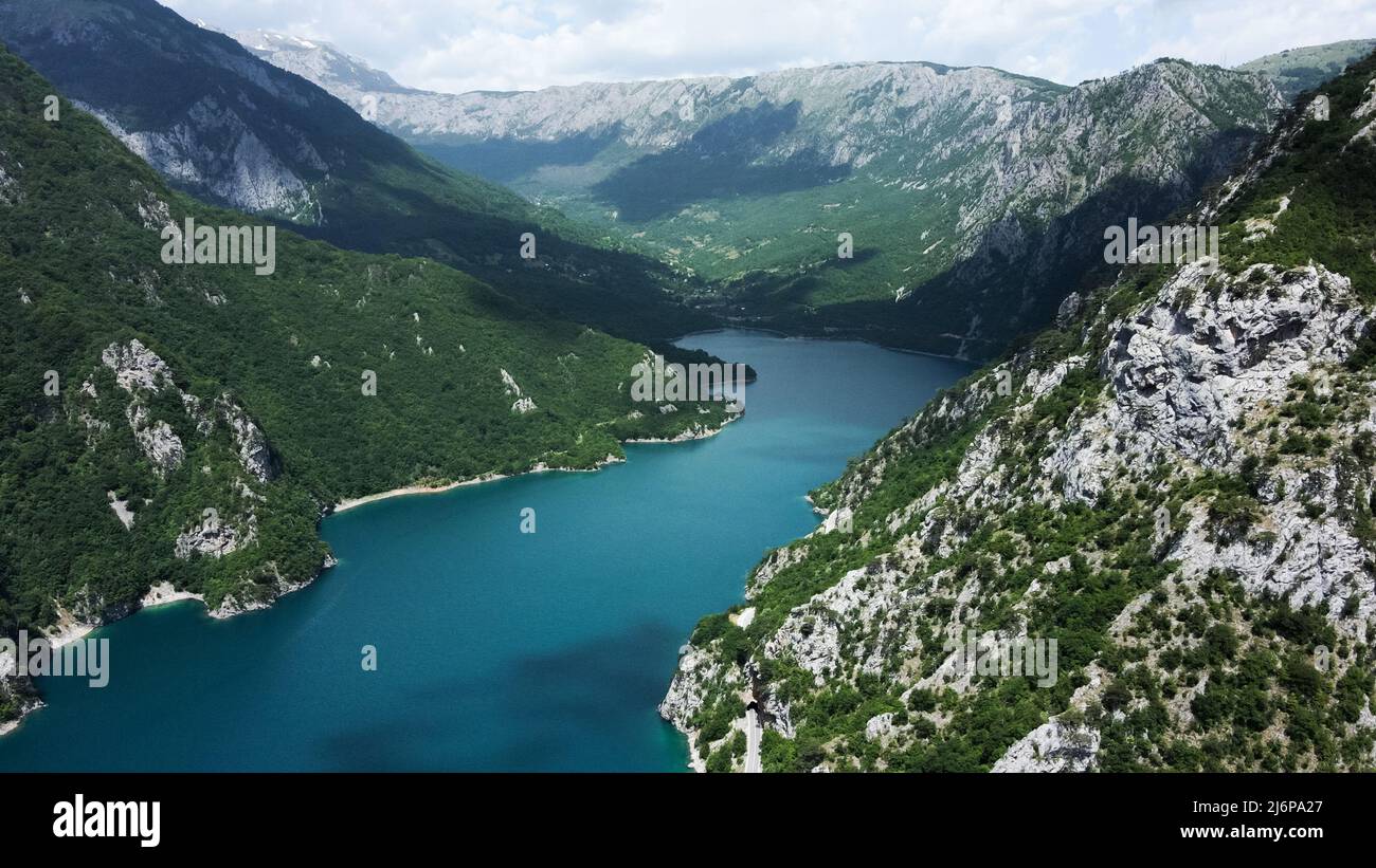 Aerial view of Pivsko lake. Beautiful blue water in Piva river ...