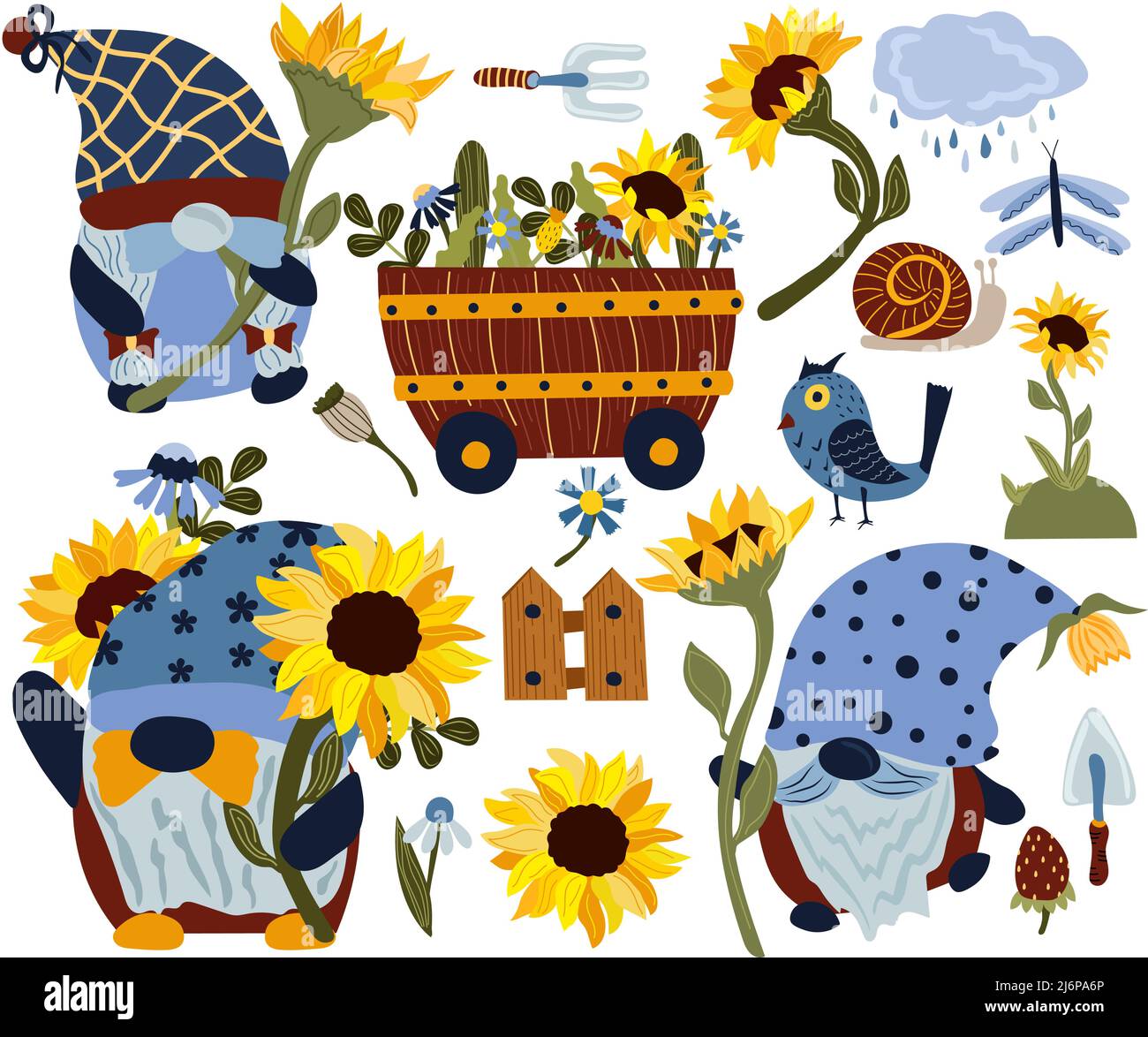 Collection gnomes holding a sunflower, gardening instruments, insect ...