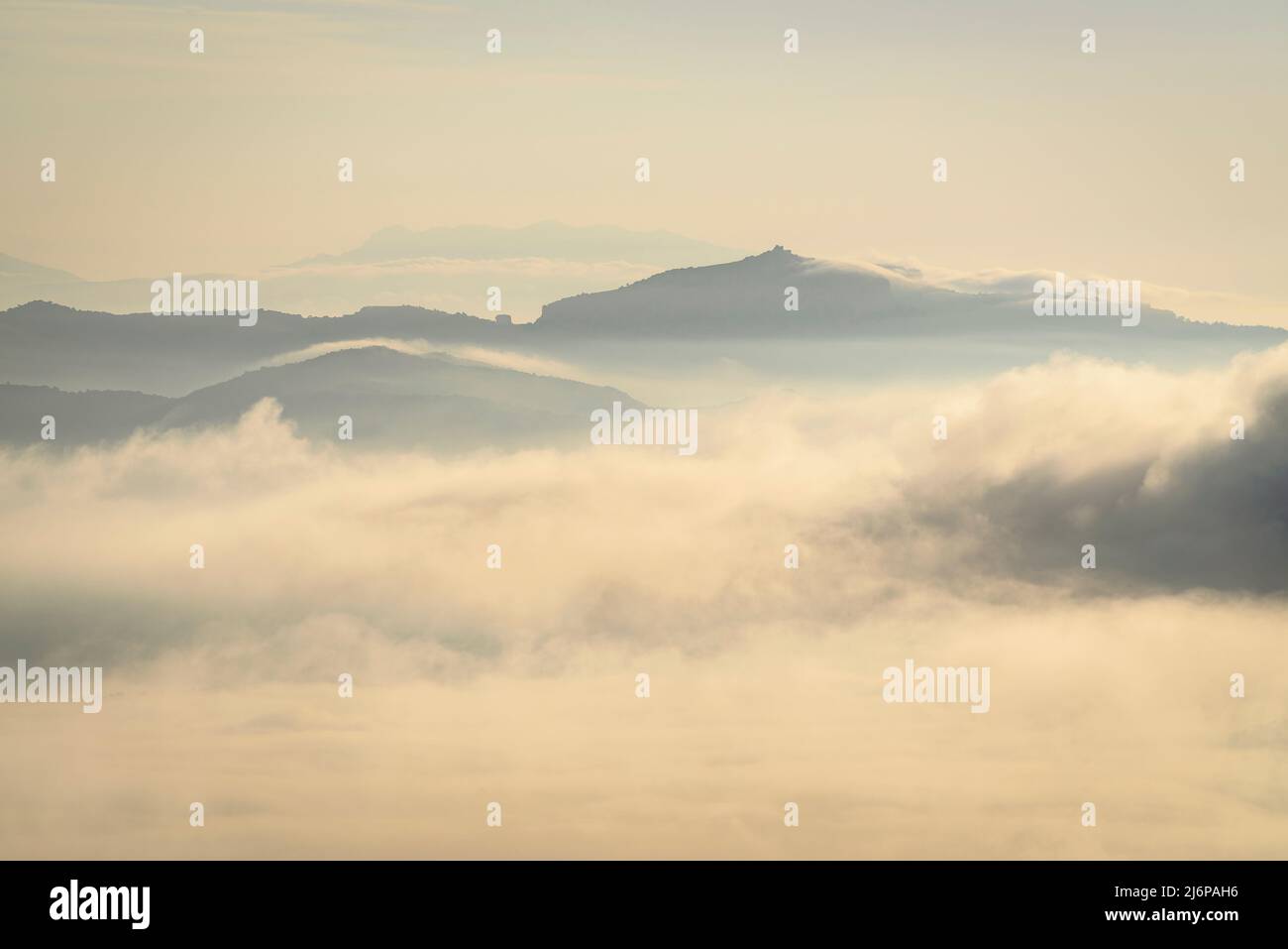 Sunrise over the Pre-coastal catalan range seen from Montserrat. In the ...