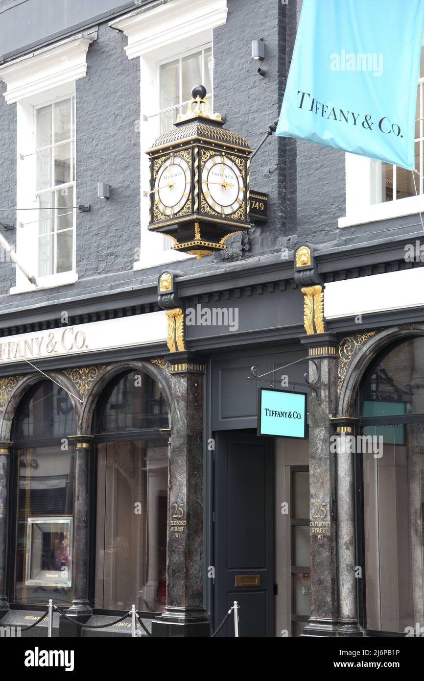 Tiffany and Co. clock outside entrance to shop on Bond Street, London ...
