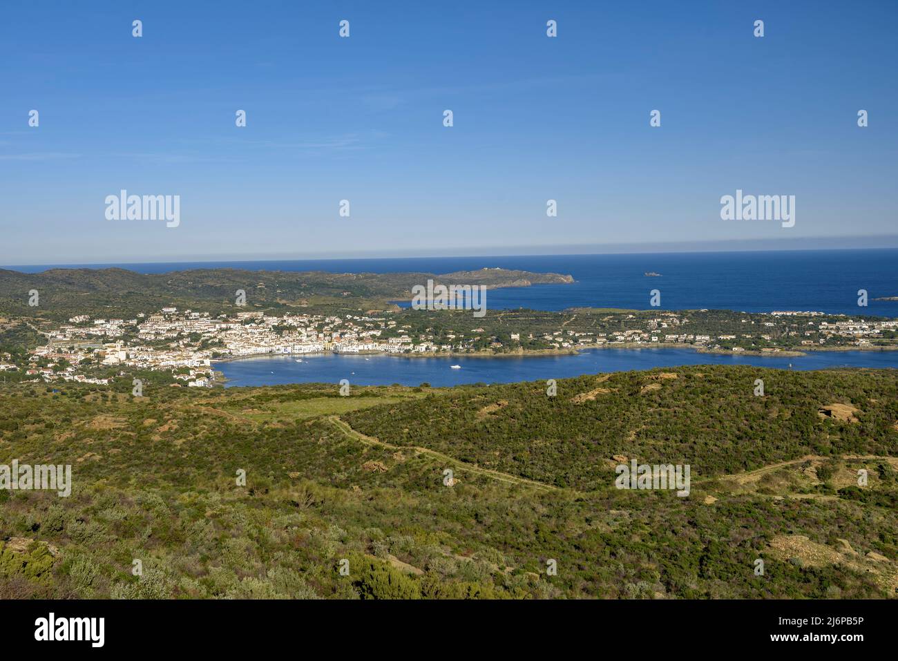 View of the town of Cadaqués from the GR-92 path to the Cala Jóncols ...