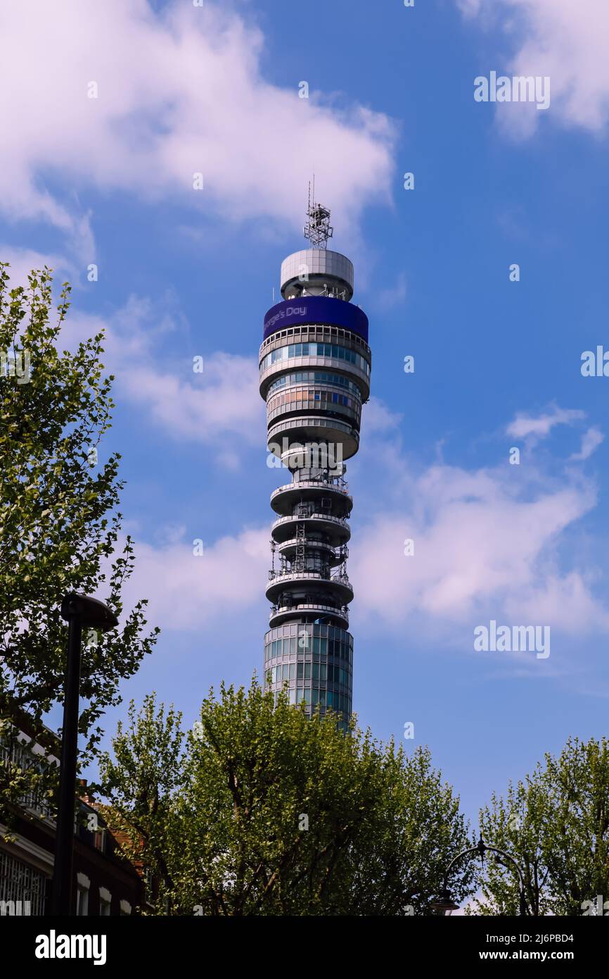 London, Top of the BT British Telecom Tower against blue sky view from ...