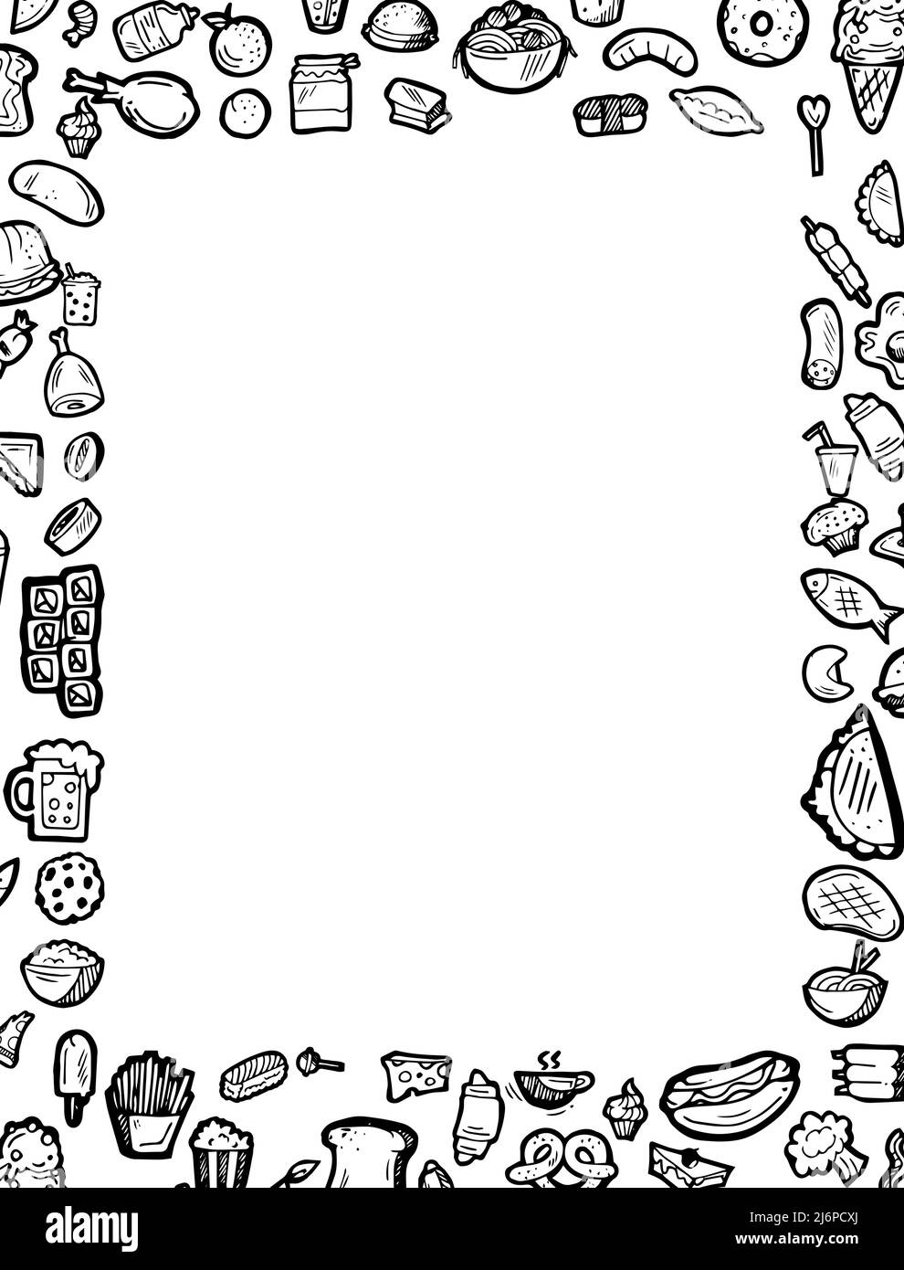 Set of food. Border frame. Baking buns and meat dishes. Hand drawing ...