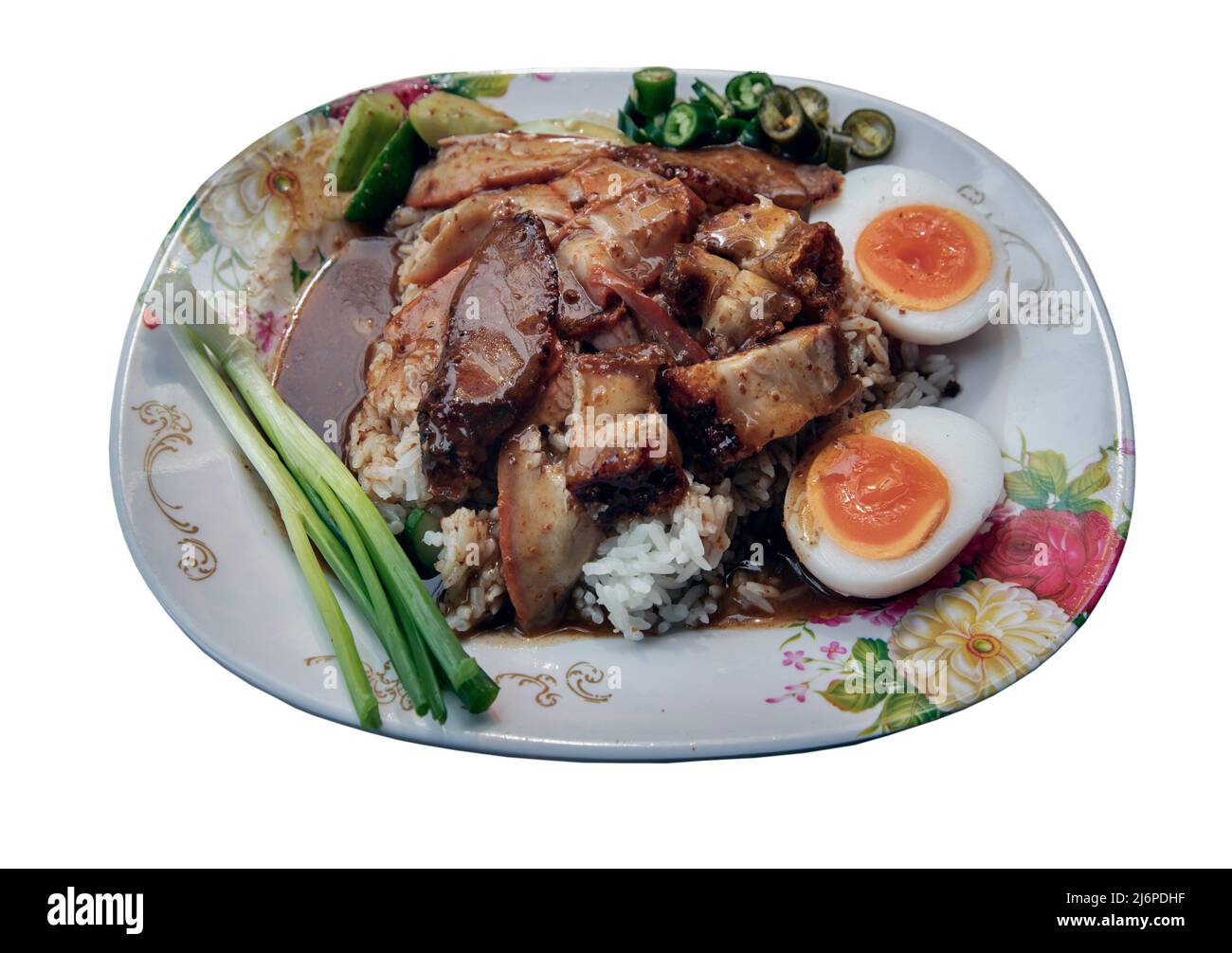 Traditional Red pork with rice (Kao Moo Dang). Red barbecue pork ...