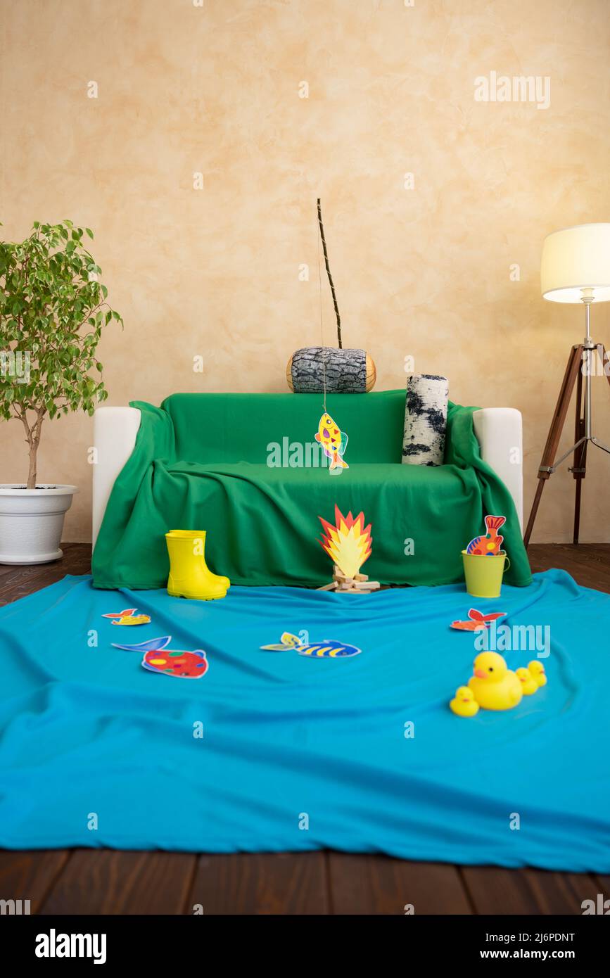 Children room interior. Preparing for the play fishing trip. Summer ...