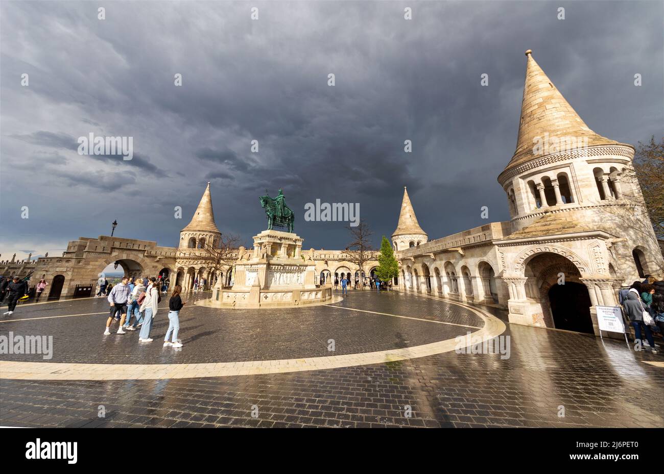 Halaszbastya - The famous Fisherman's Bastion after rain with statue of ...