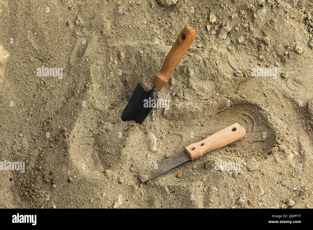Shovel in the sand.Skeleton and archaeological tools.Digging for ...