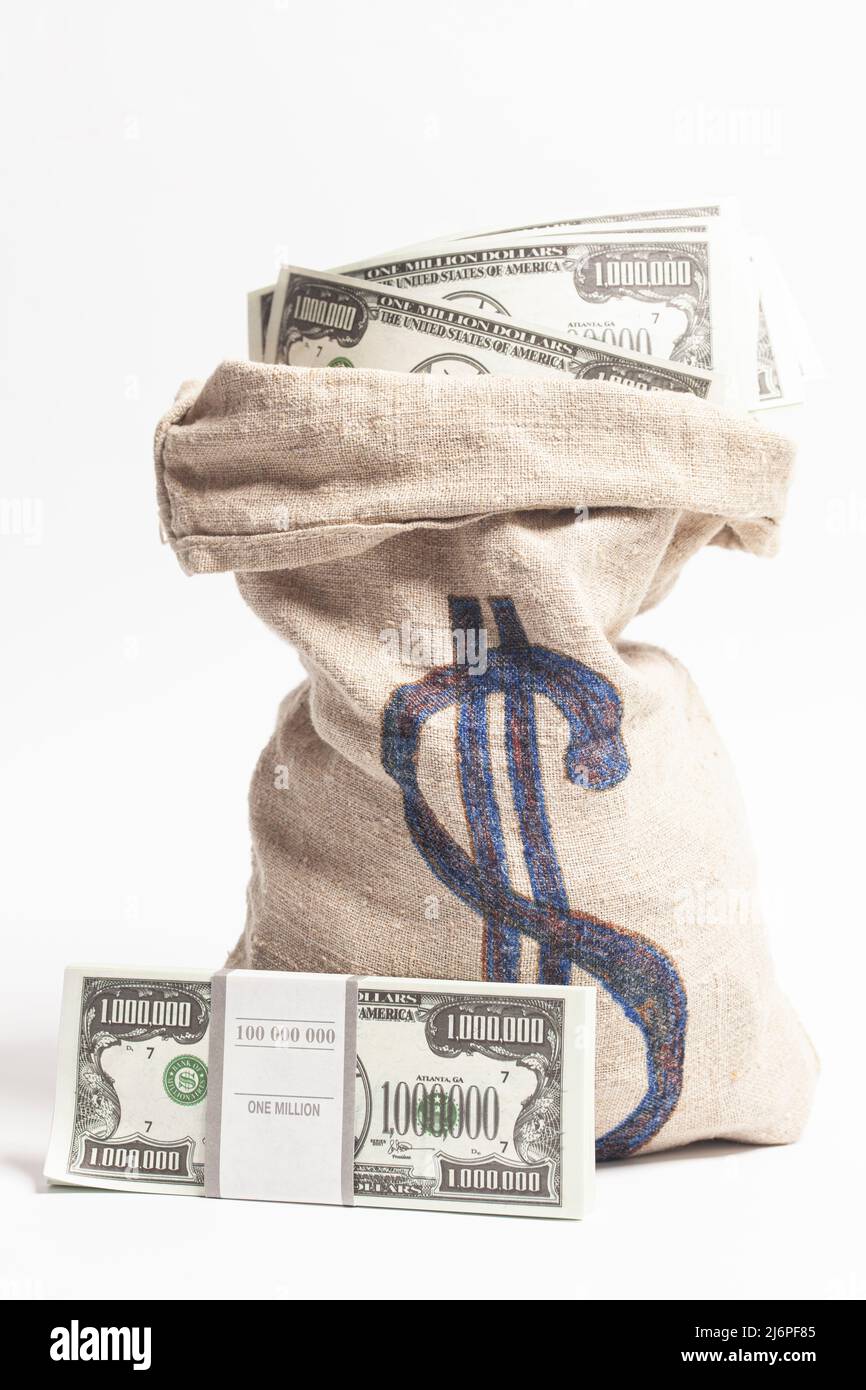 Money bag with one million dollars bills isolated on white Stock Photo ...
