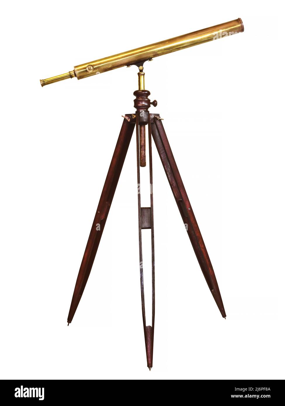 Authentic ancient telescope with wooden tripod isolated on a white ...