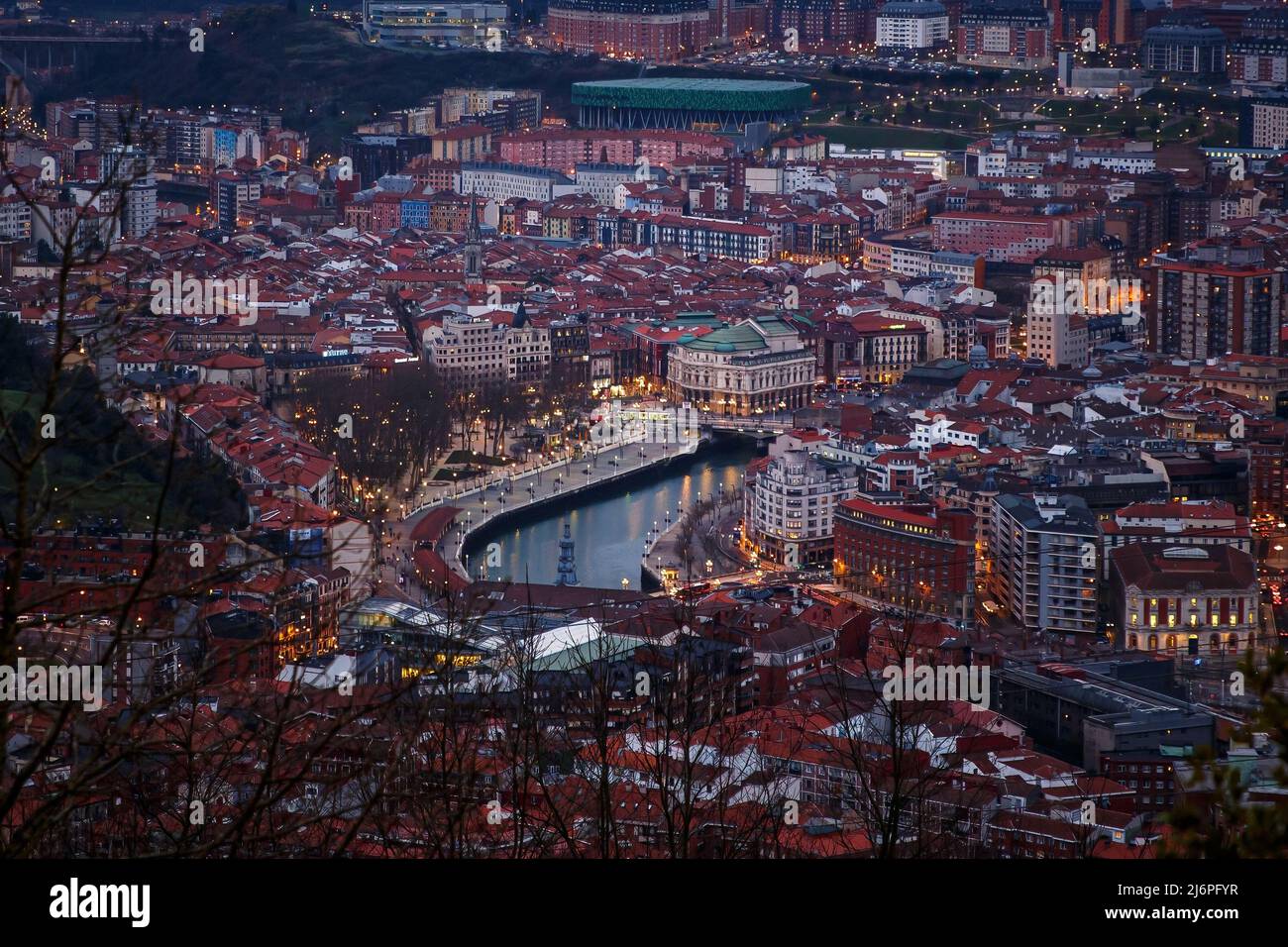 Aerial view on Bilbao center with red roofs and Nervion river Stock ...