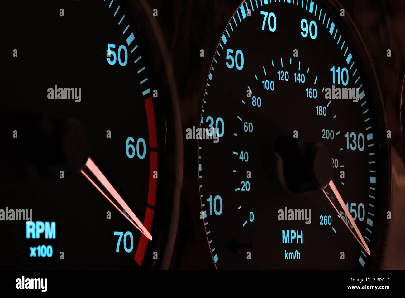 speedometer in car dashboard at full speed in illuminated night mode ...