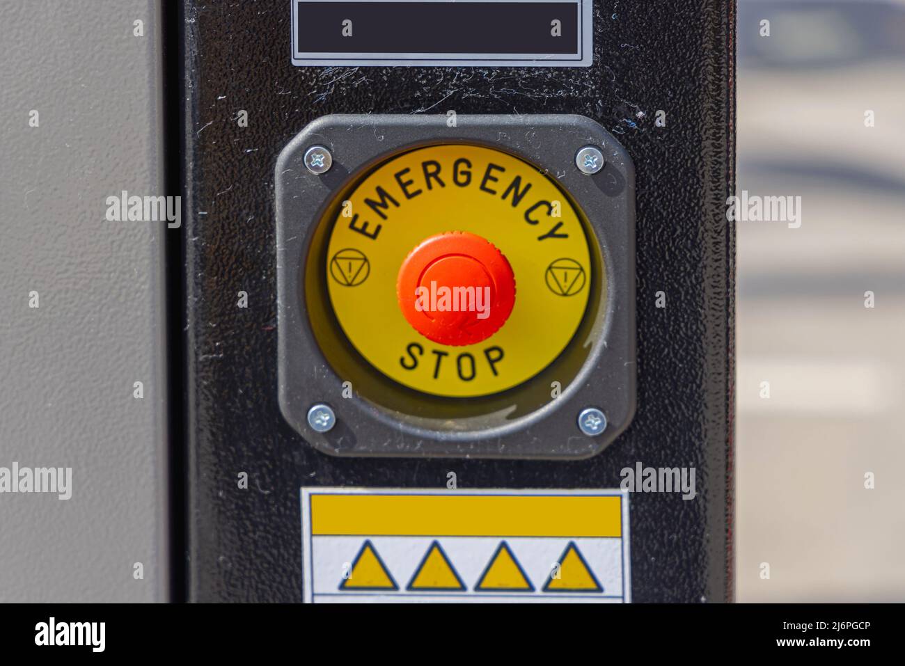 Big Red Emergency Stop Button at Construction Machine Stock Photo - Alamy