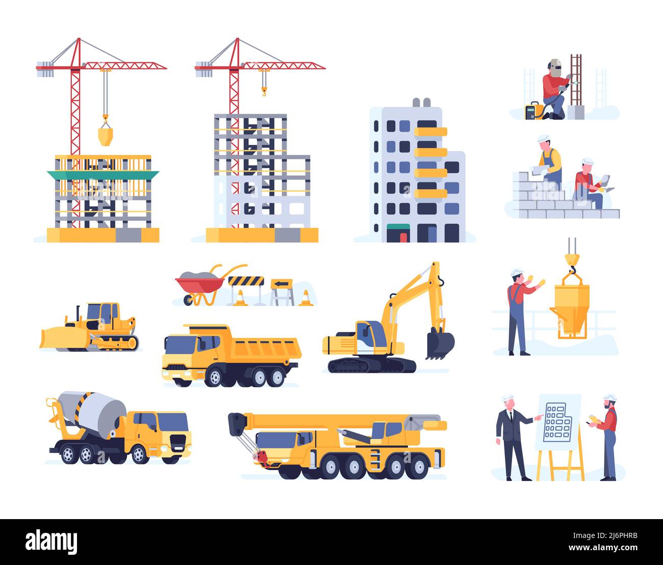 Construction process. Machines and technics. Architect, welder and ...