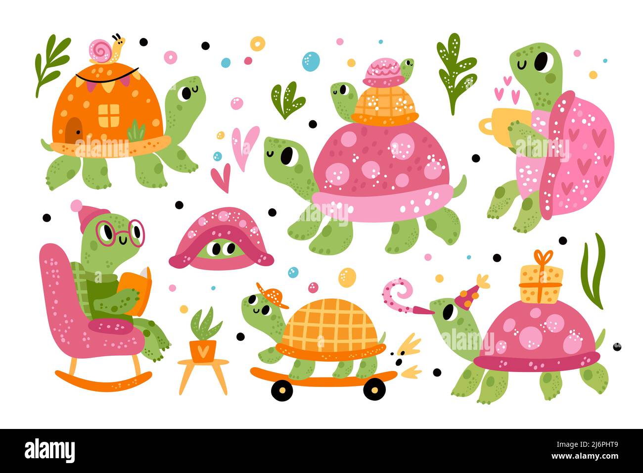 Cartoon turtle. Colorful animals. Baby and adult tortoises. Reptiles ...