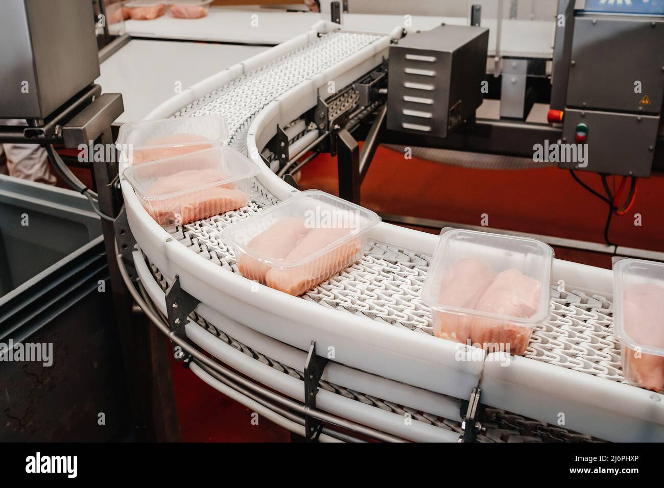 Chicken fillet production line.A modern plant.Factory production food ...