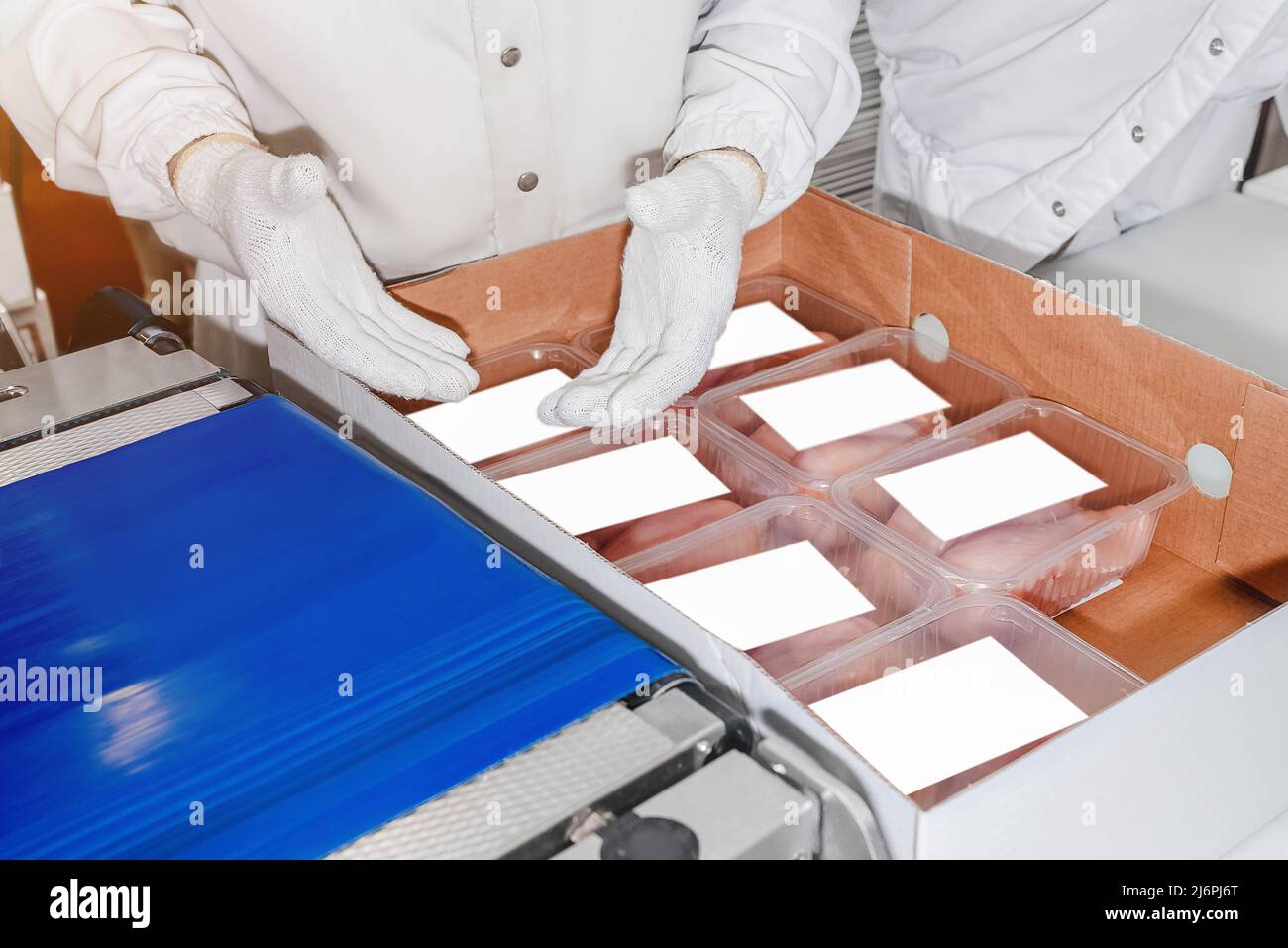 Production process, packaging on the conveyor line of meat in boxes ...