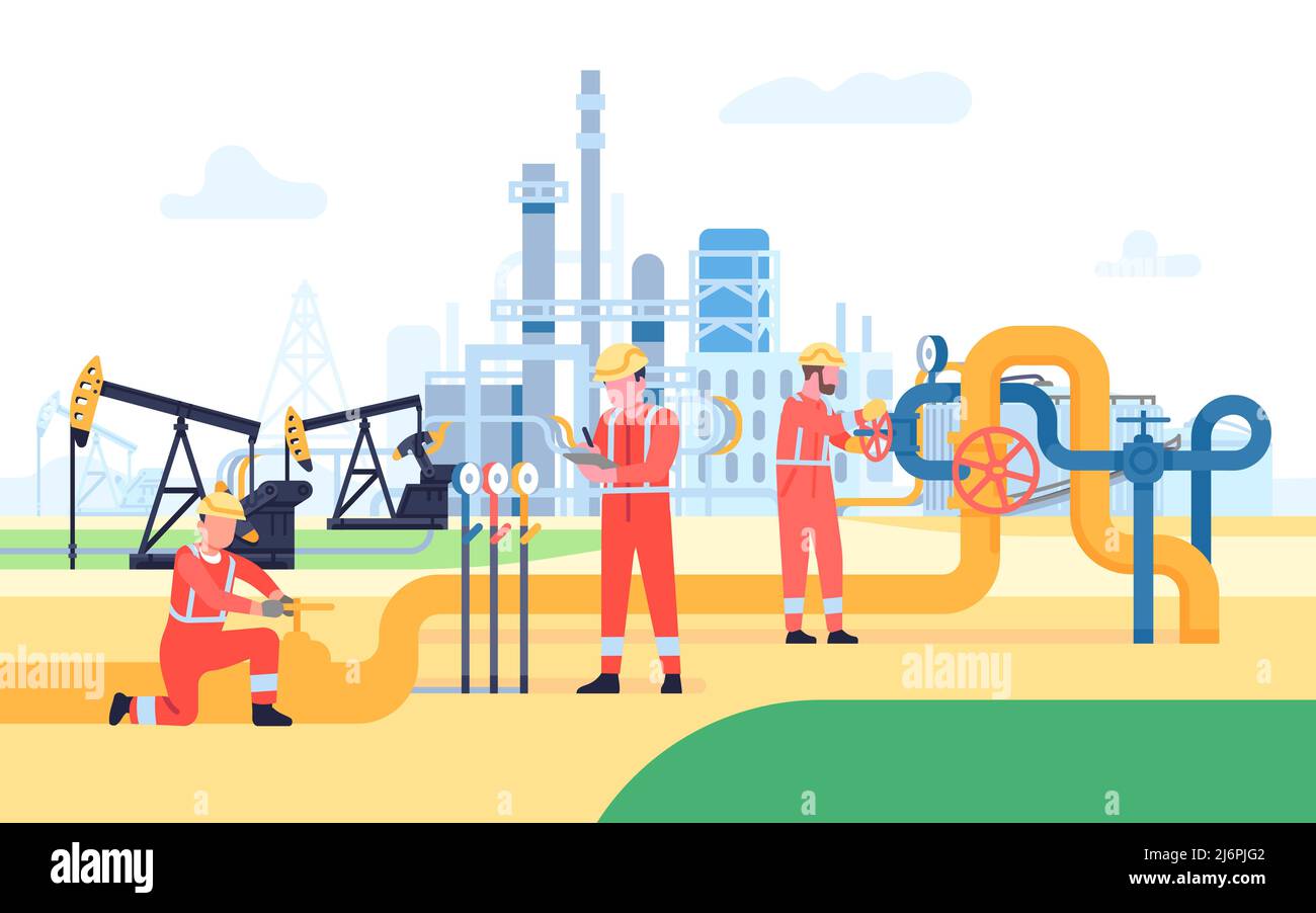 Oil gas workers. Petroleum pipeline engineers. Factory work people ...