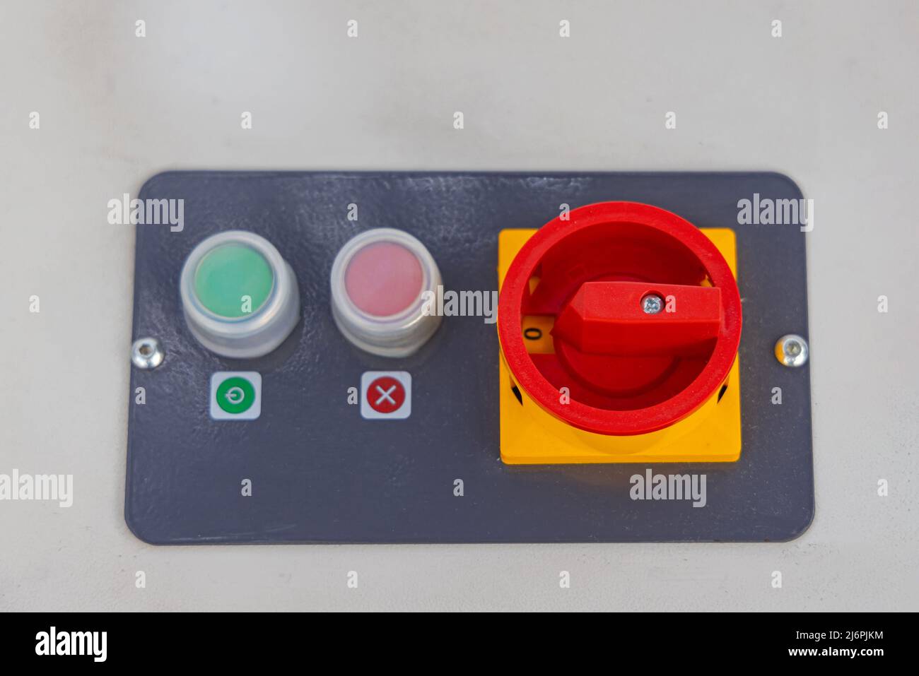 On Off Push Buttons and Emergency Stop Switch Control Stock Photo - Alamy