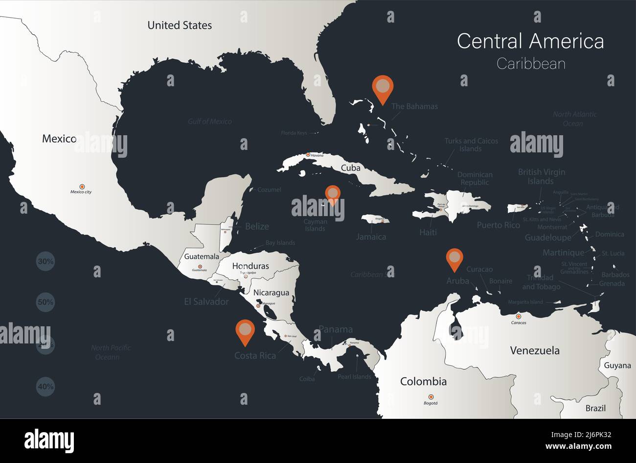 Central America and Caribbean Islands map, Infographics flat design ...