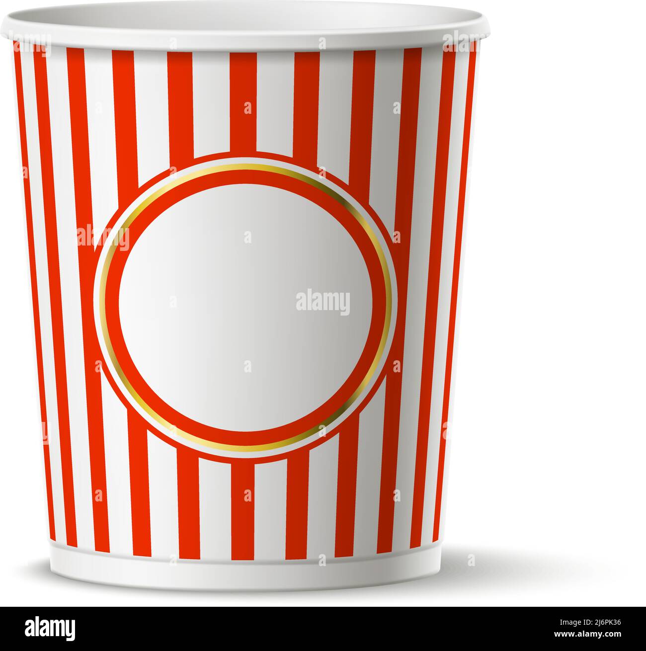 Round popcorn bucket. Striped disposable snack package mockup Stock ...