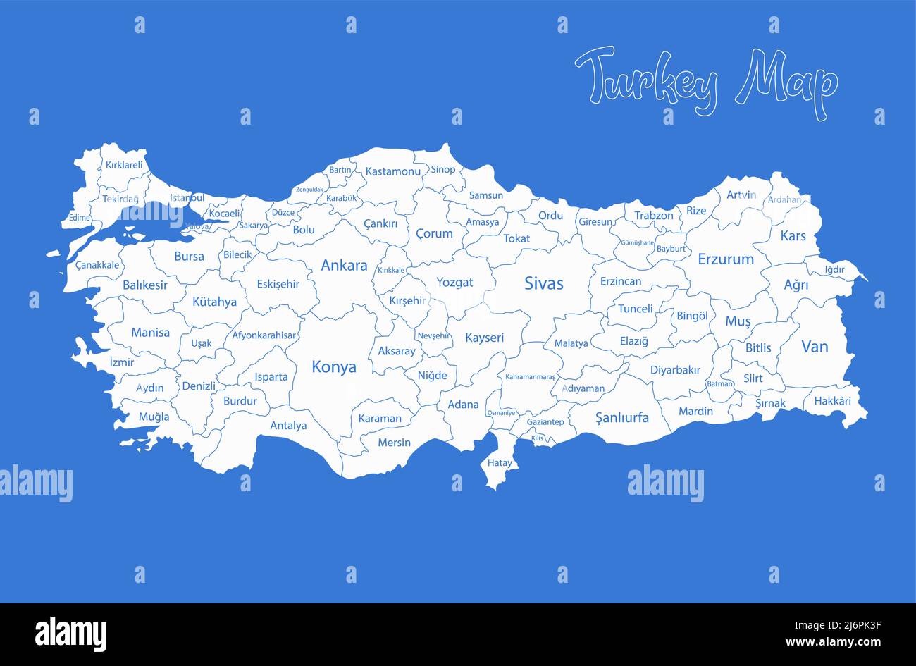 Turkey map, administrative divisions whit names regions, blue ...