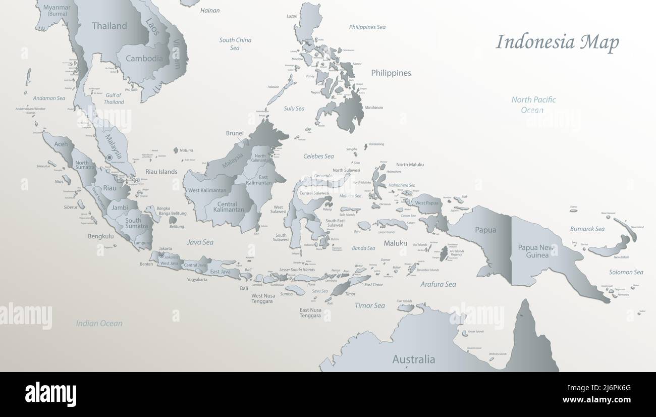 Indonesia map, administrative division with names, white blue card ...