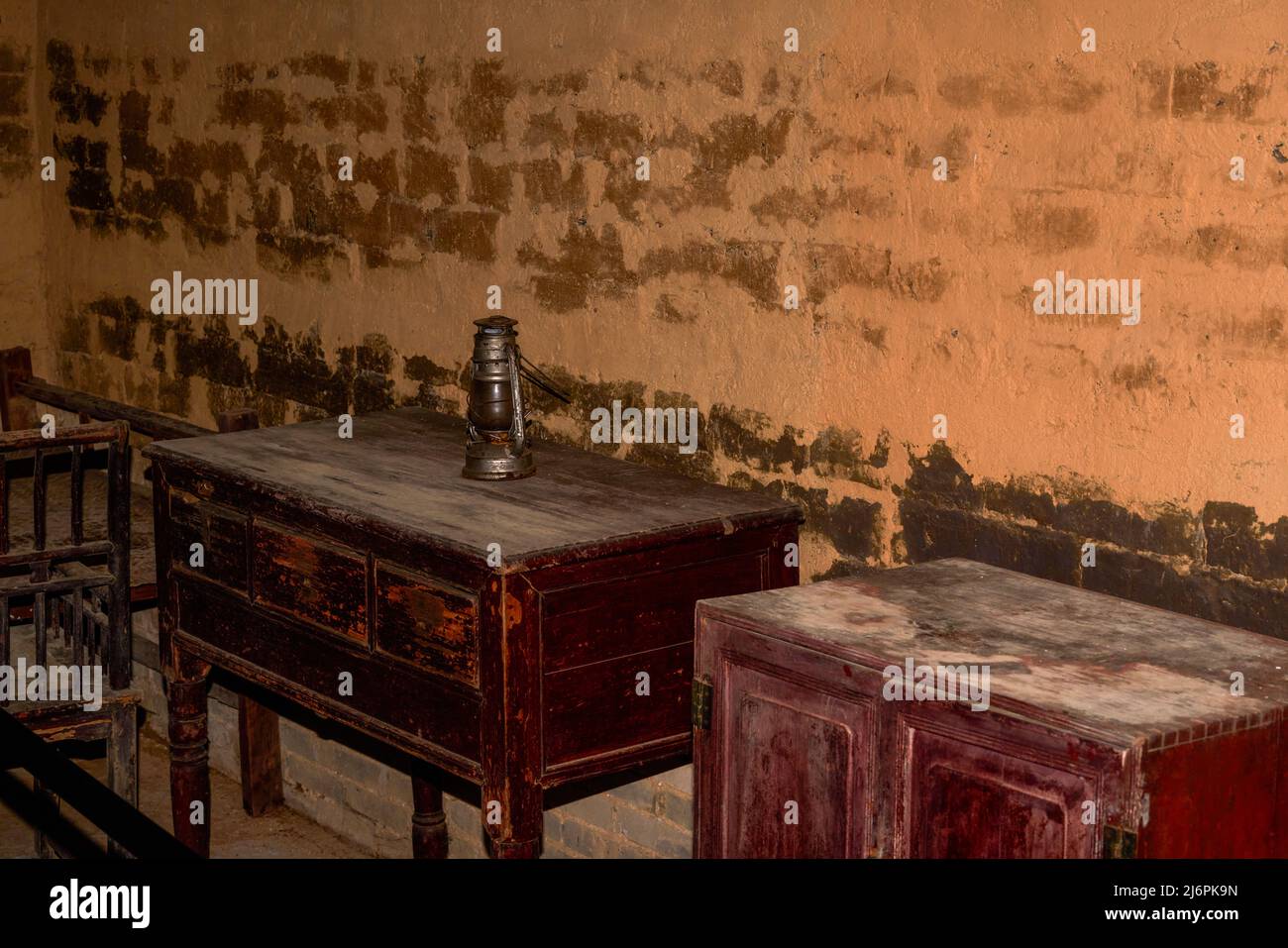Old table and old teacup utensils in ancient Chinese architecture Stock ...