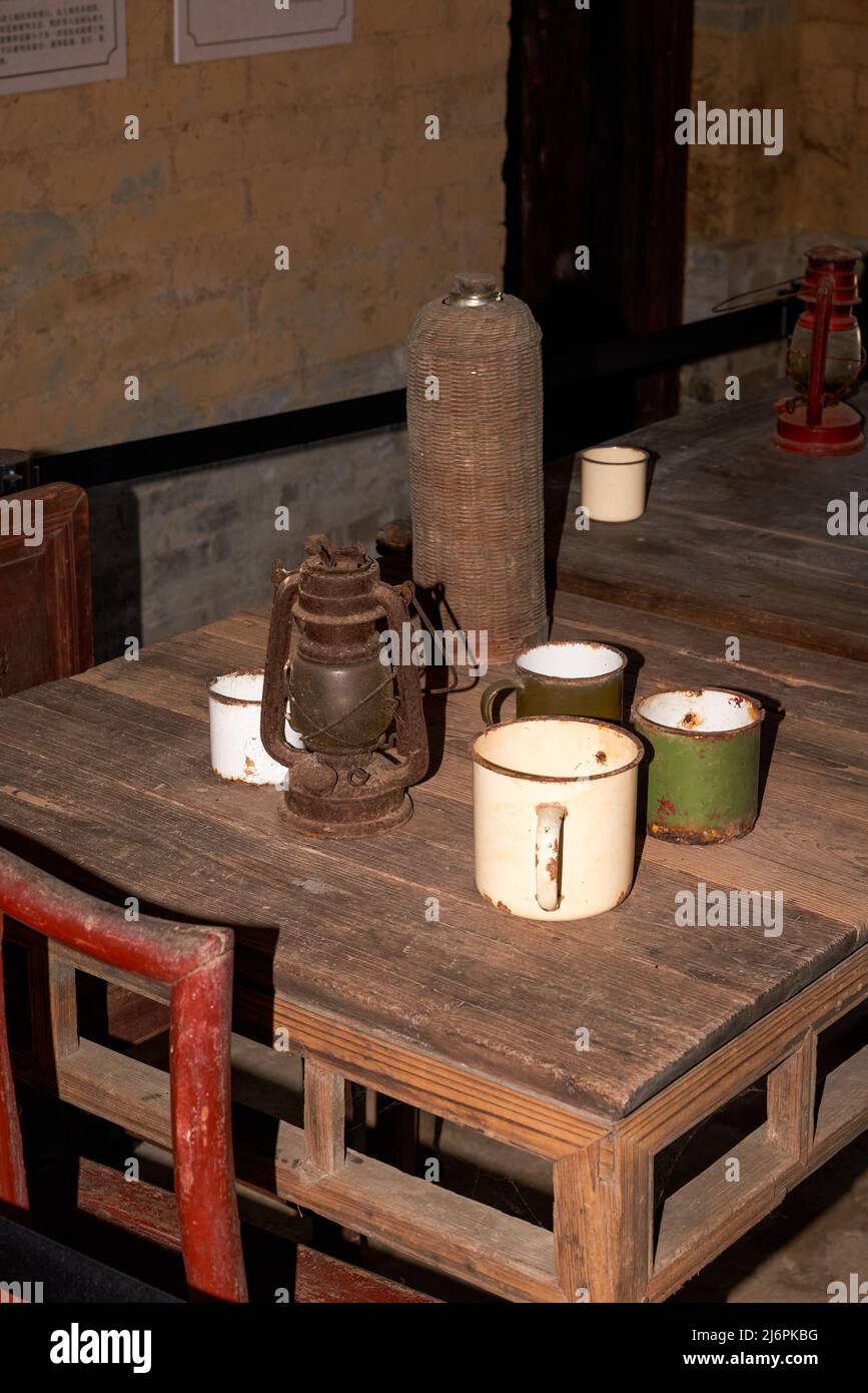 Old table and old teacup utensils in ancient Chinese architecture Stock ...