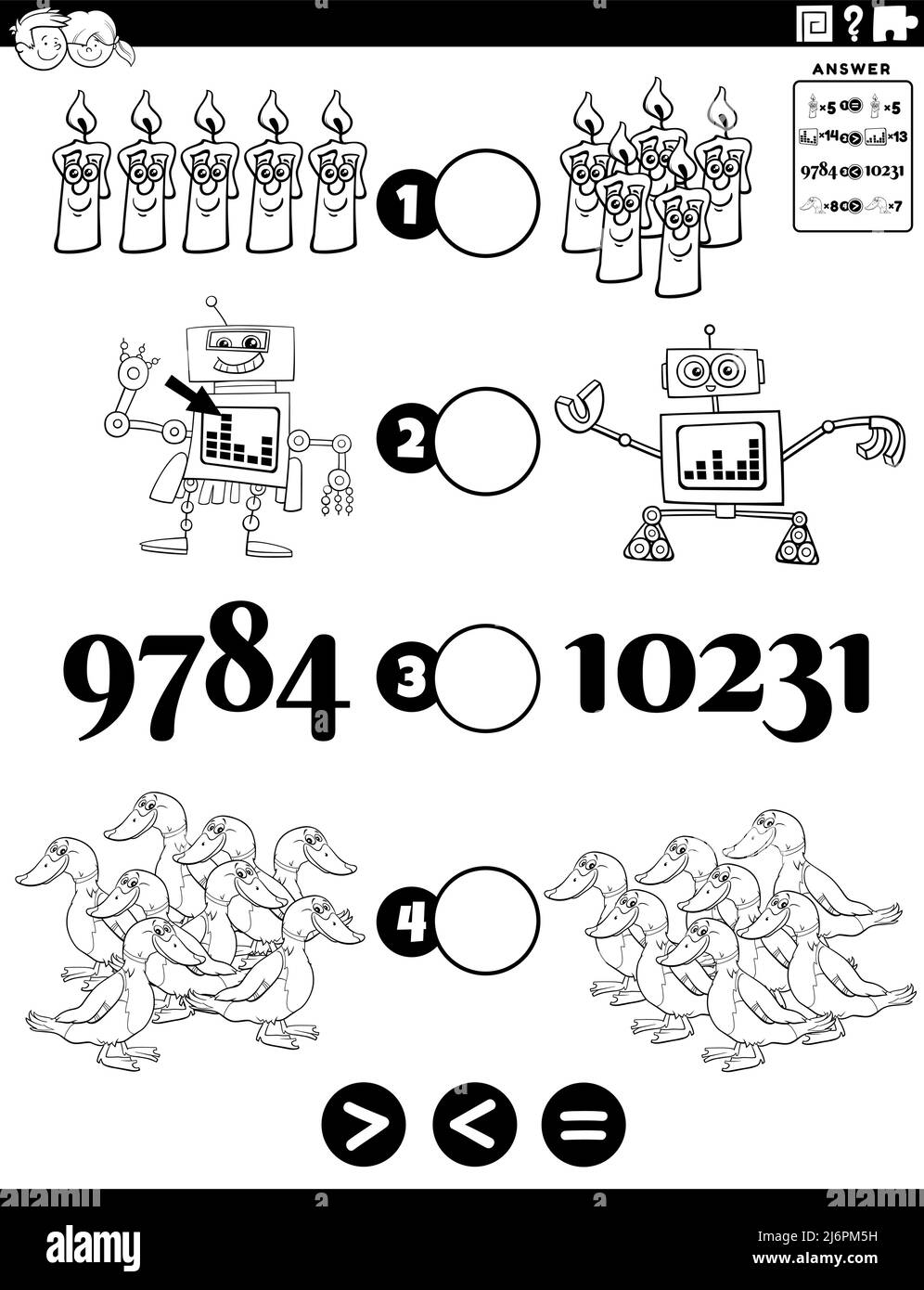 Black and white cartoon illustration of educational mathematical puzzle ...