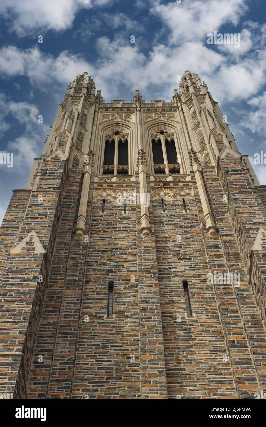 Looking up at the belltower of the Duke University Chapel on a day with ...