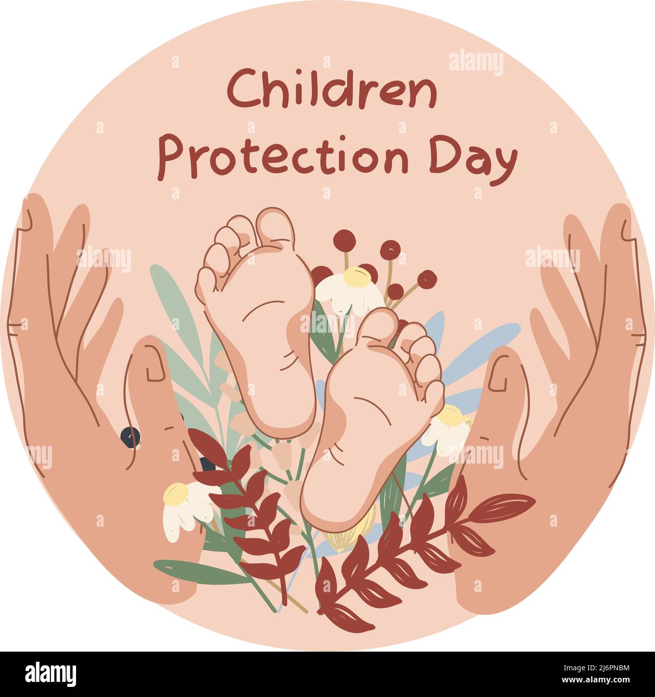 illustration of baby feet in mothers hands near flowers and children ...