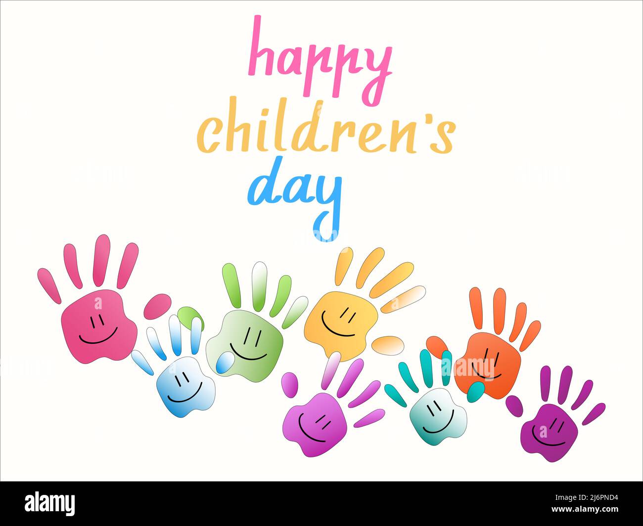 illustration of colorful hand palms near happy childrens day lettering ...
