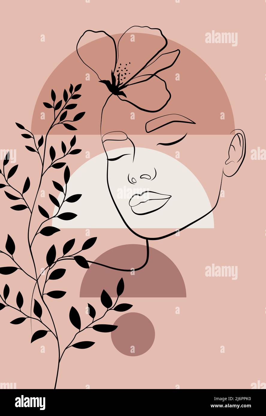 Fashionable abstract female face with one line with abstract shapes. A ...