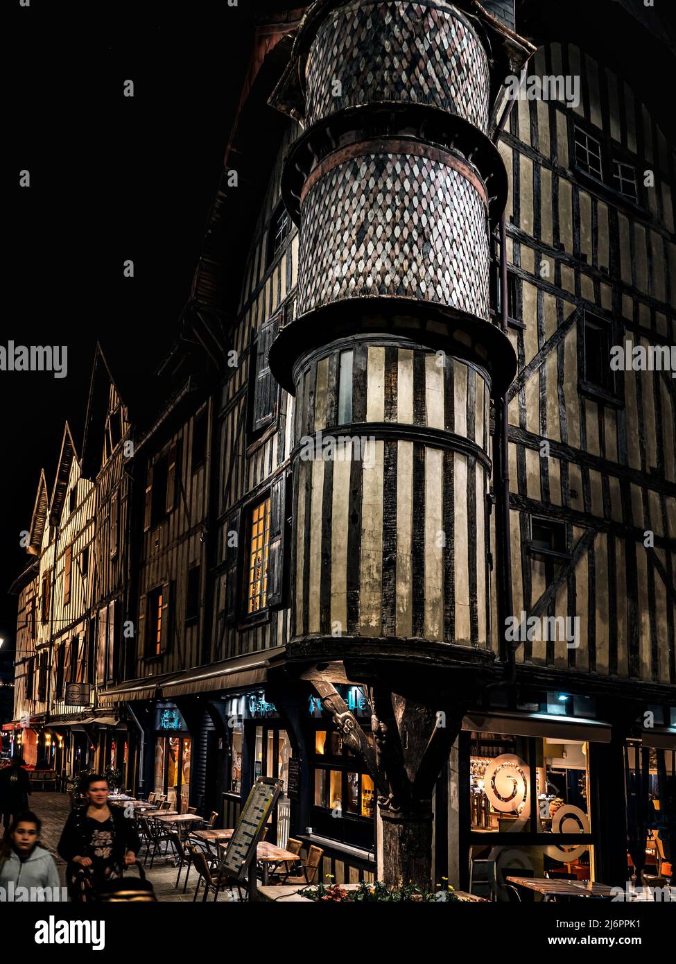 Night views of the old French city of Troyes. Cozy old half-timbered ...