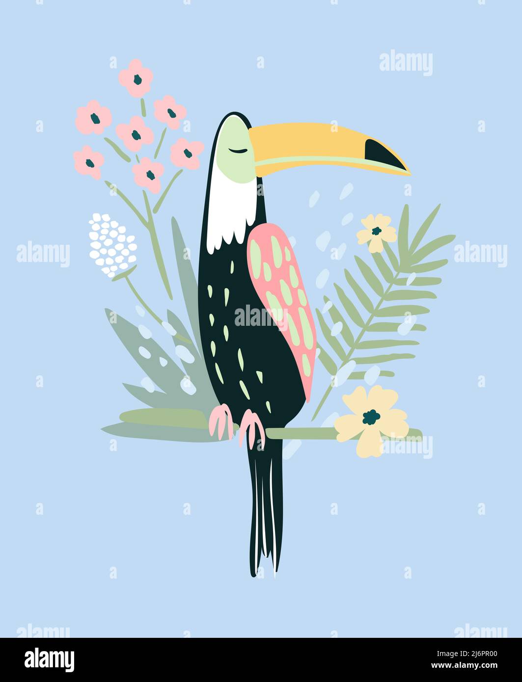 Cute toucan, flowers and leaves illustration. Tropical summer ...
