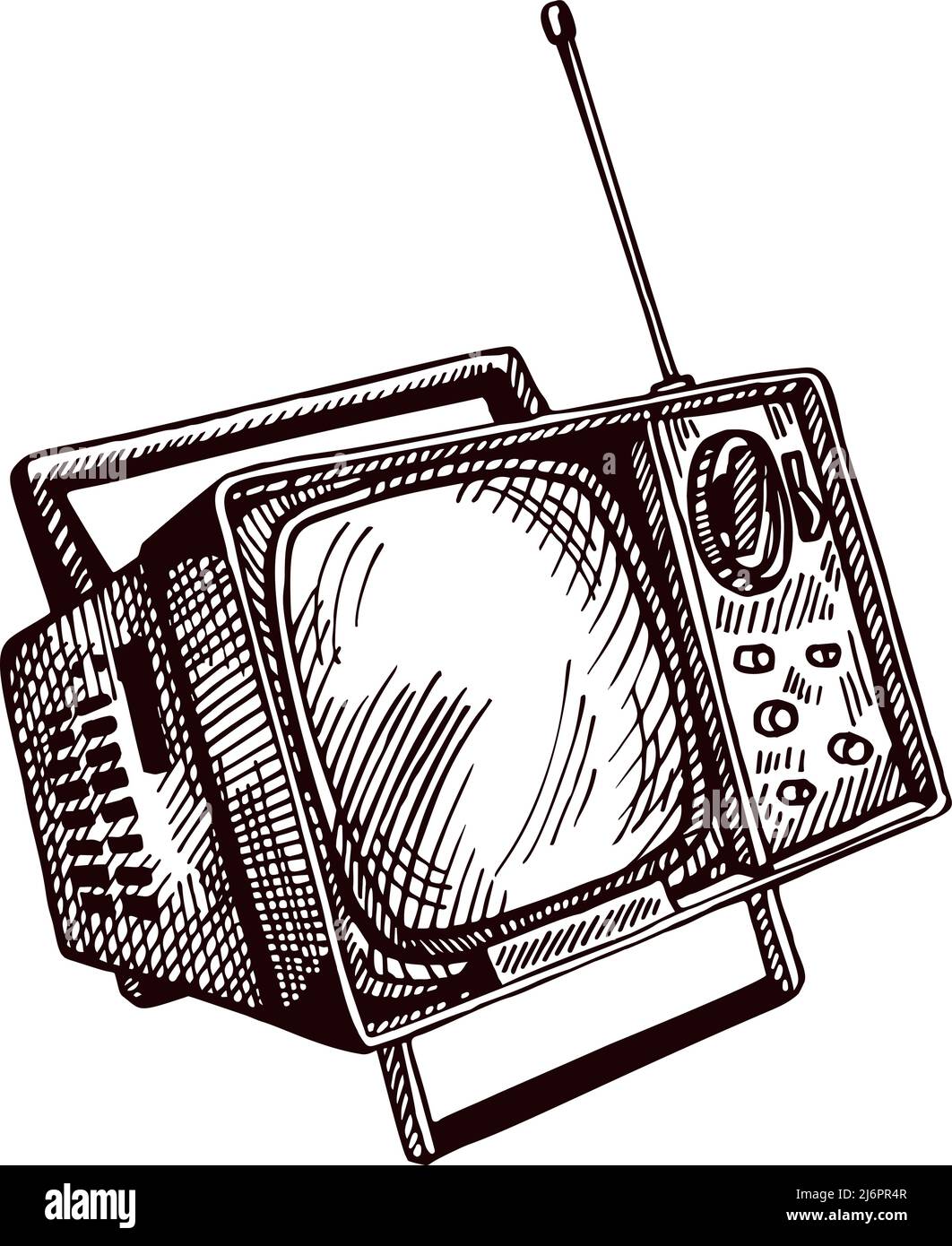 Retro TV engraved isolated on white background. Vintage television with ...