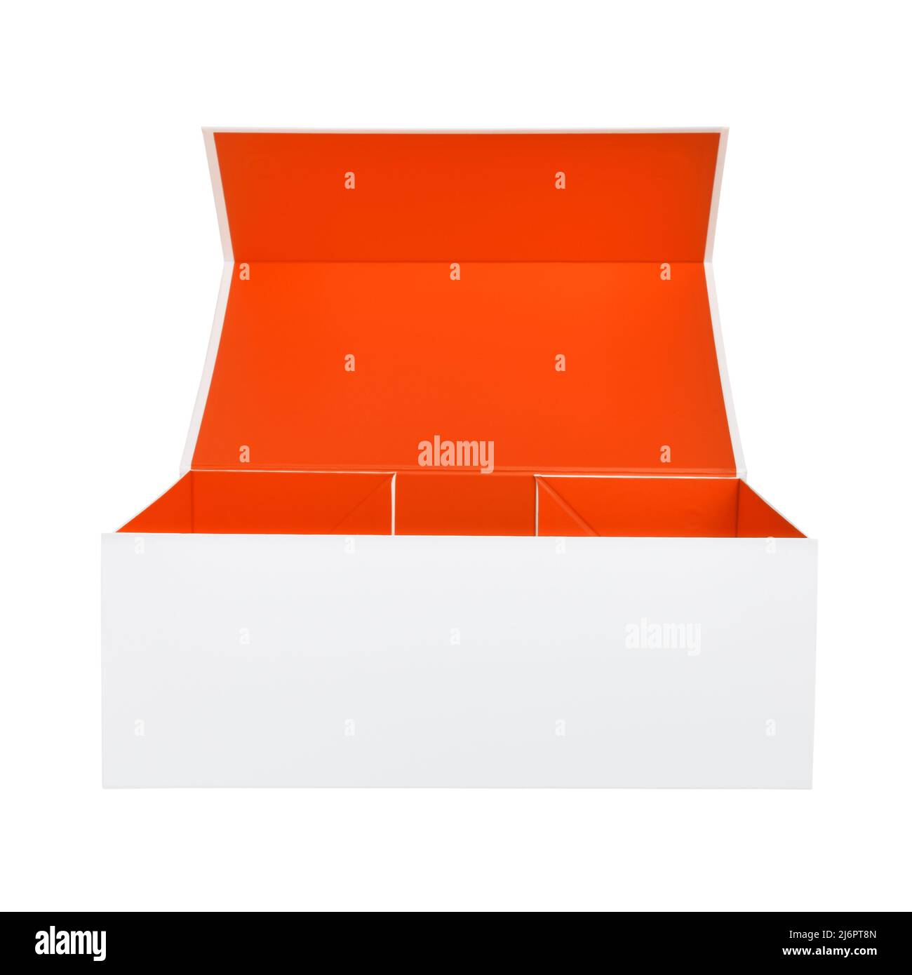 Open white and orange cardboard box isolated on white background close ...
