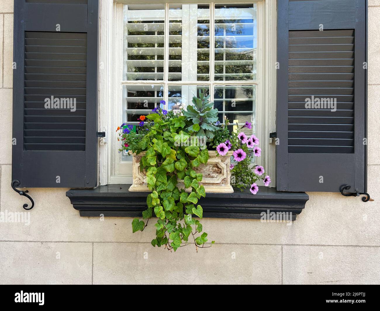 A window planter box seen in the historic district of Savannah, Georgia ...