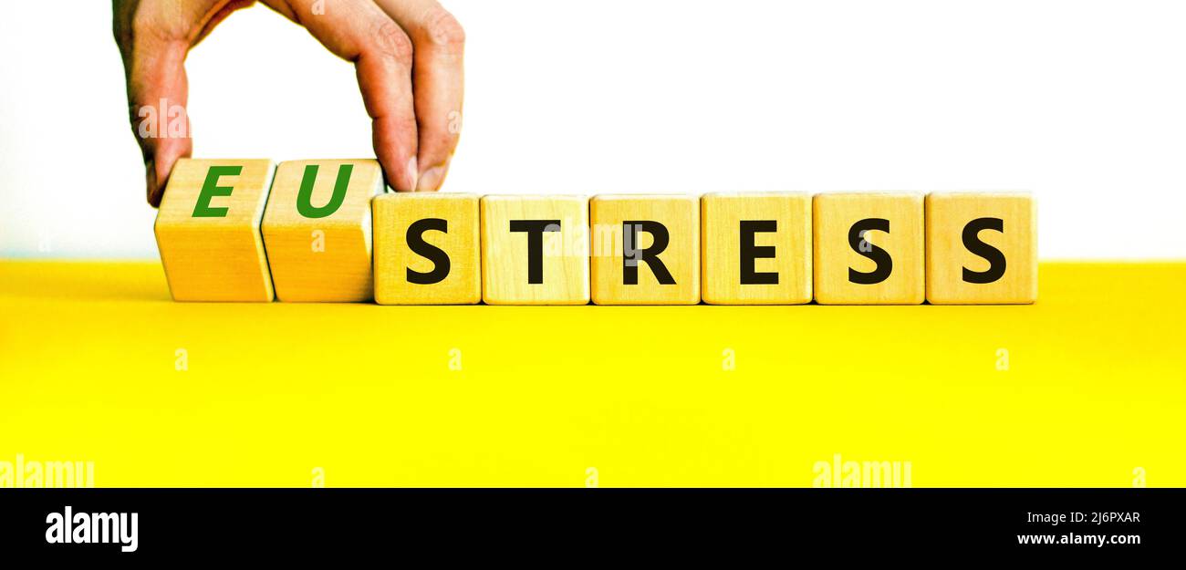 Eustress or stress symbol. Psychologist turns cubes and changes the ...
