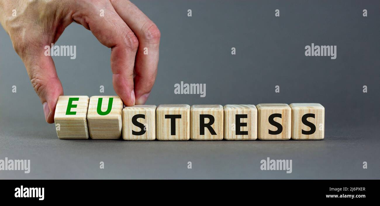 Eustress or stress symbol. Psychologist turns cubes and changes the ...