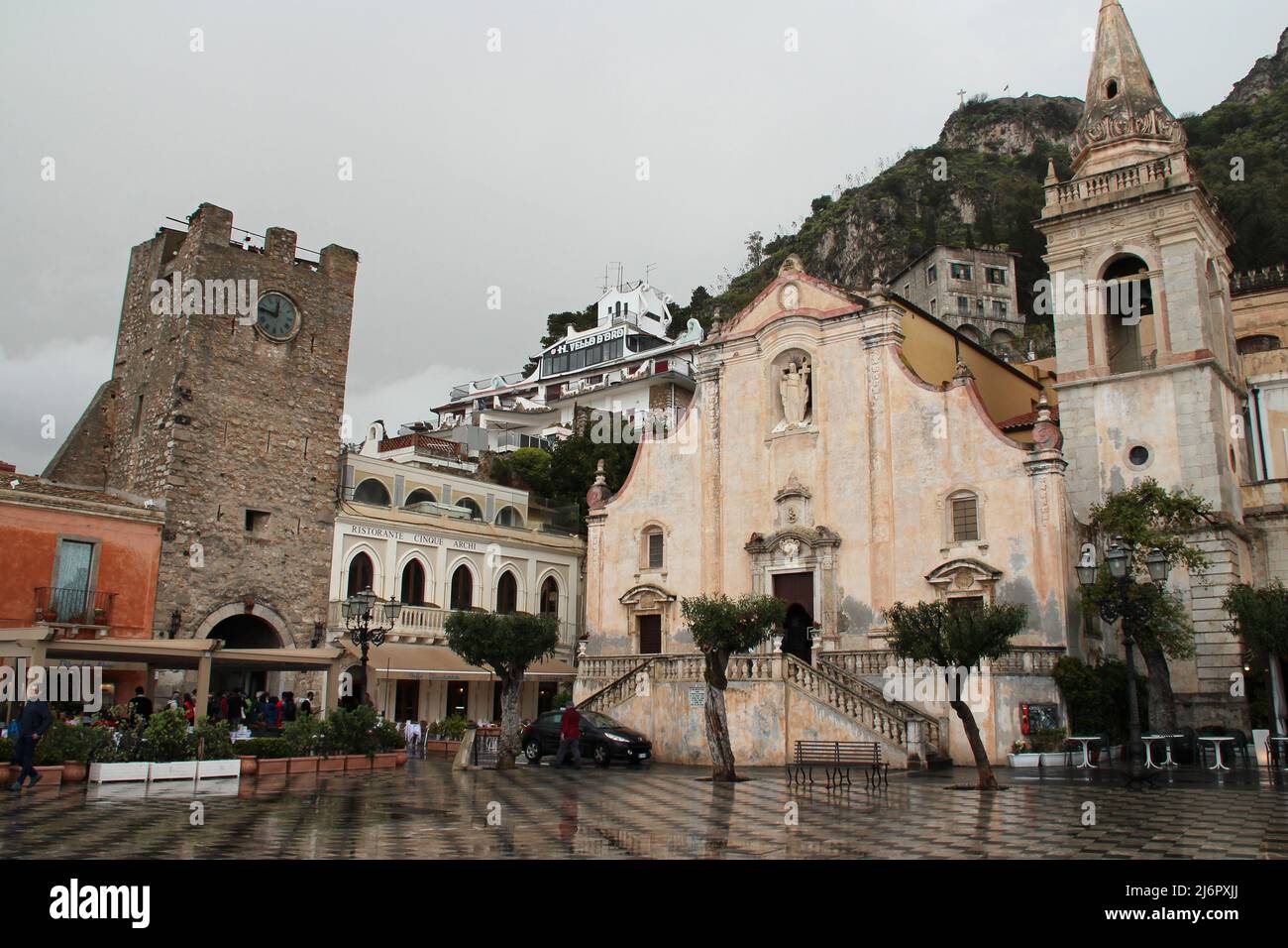 square, church and medieval tower in taormina in sicily (italy Stock ...