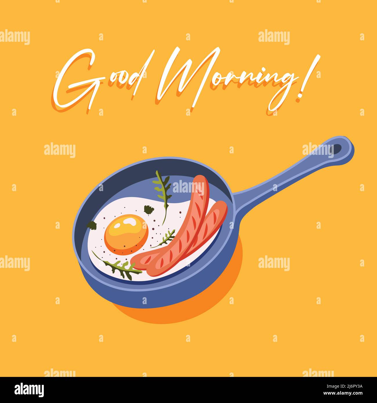 Breakfast menu poster design. Fried egg and sausage on pan. Breakfast ...