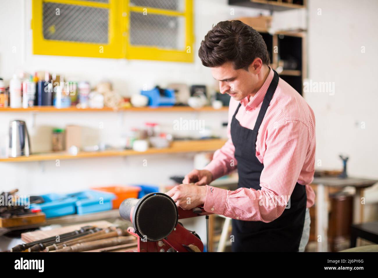 Hands craftsman working on lathe hi-res stock photography and images ...