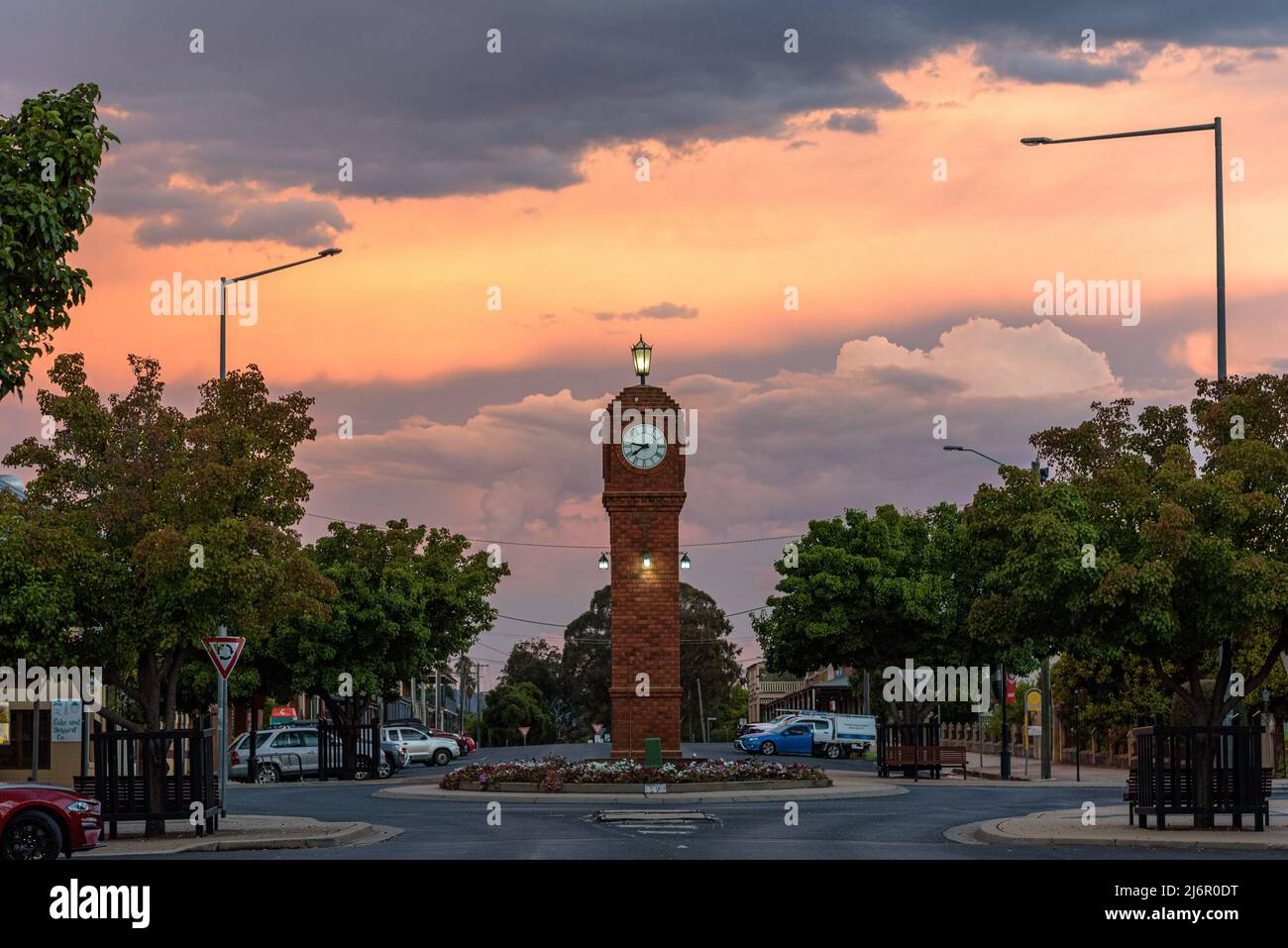 The clock tower in Mudgee, New South Wales with a vibrant and dramatic ...