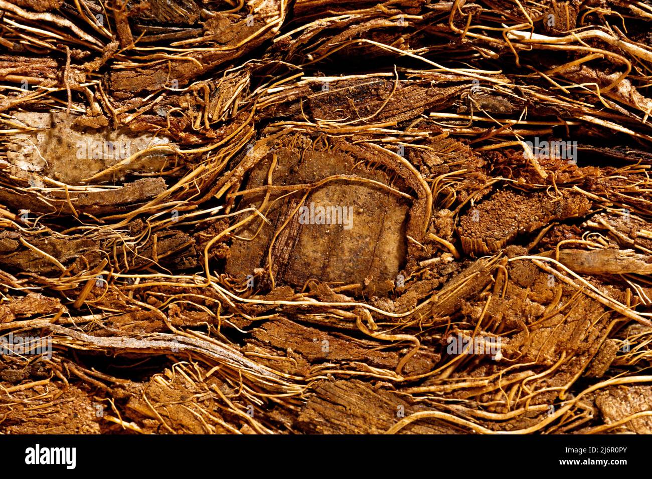 Compressed bale of ground coconut shell fibers coir, surface background ...